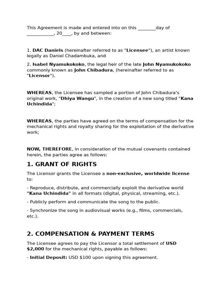 John Chibadura Sampling Agreement | PDF | License | Royalty Payment
