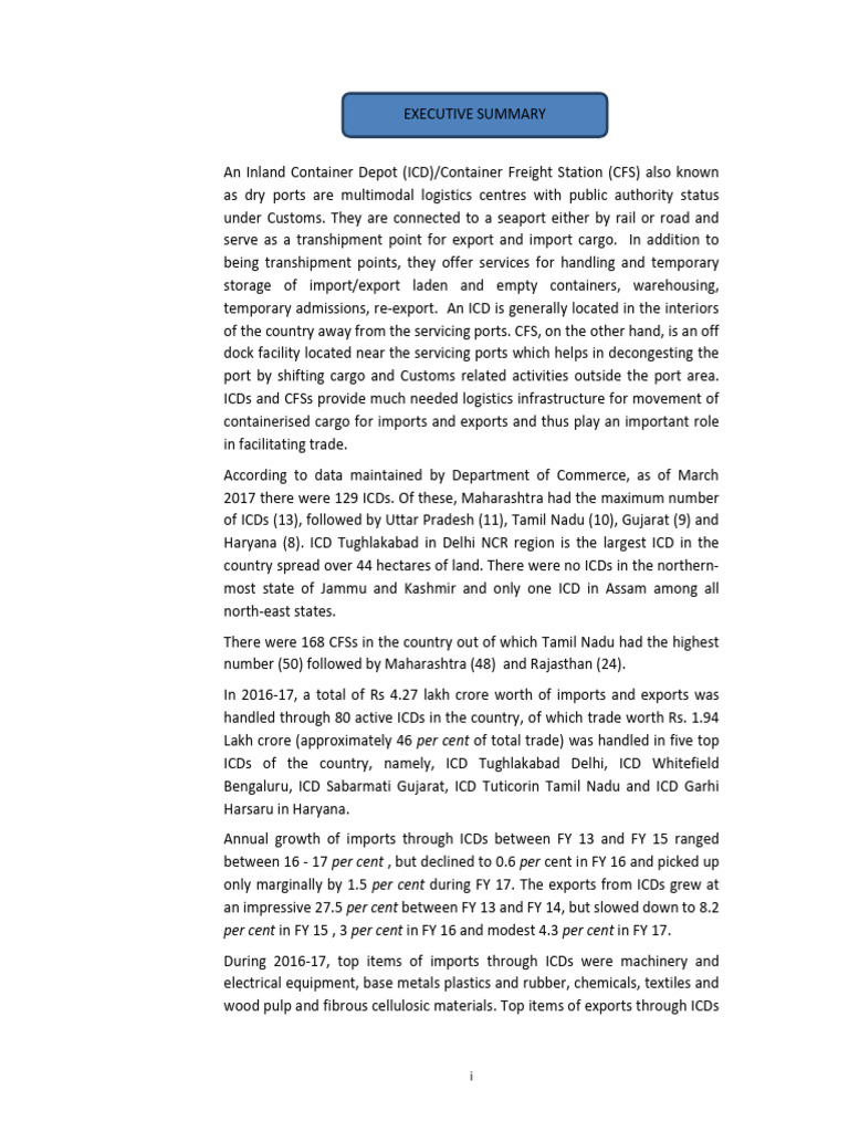 Executive Summary (ICDs) and Container Freight Stations (CFSS) Department of Revenue Indirect ...