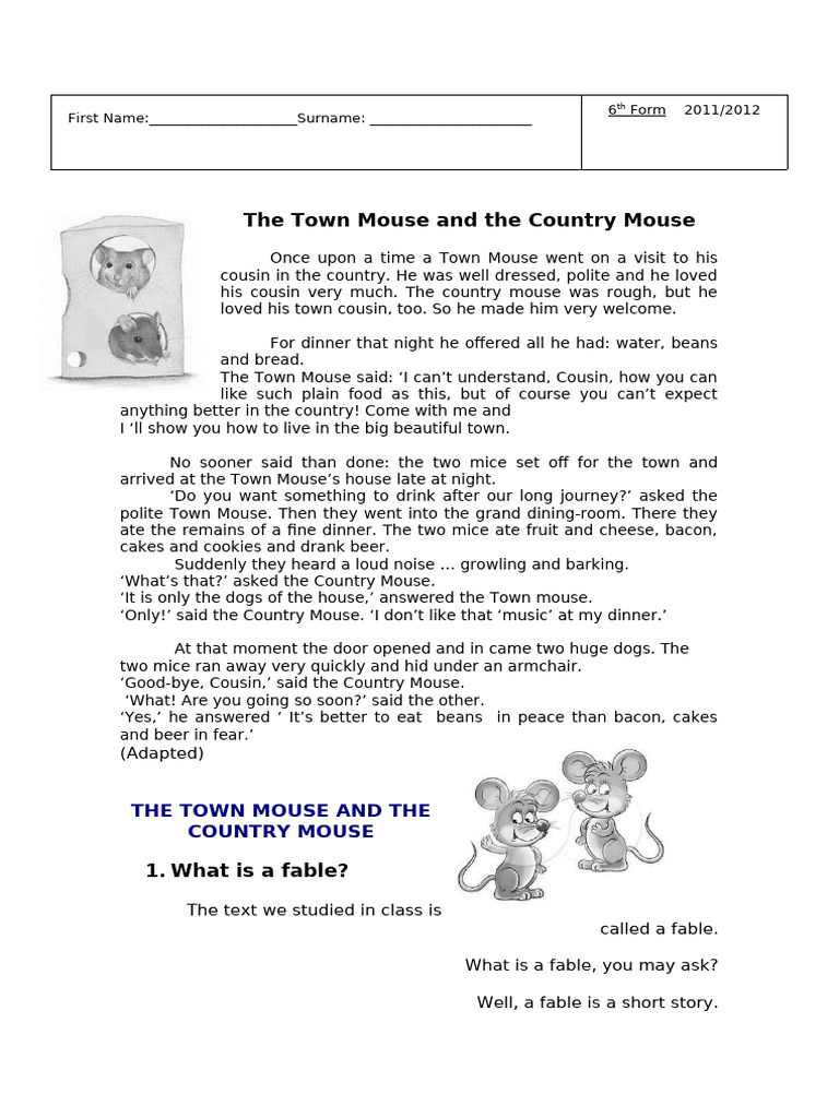 The Town Mouse and The Country Mouse Reading Comprehension Exercises - 43368 | PDF | Mouse