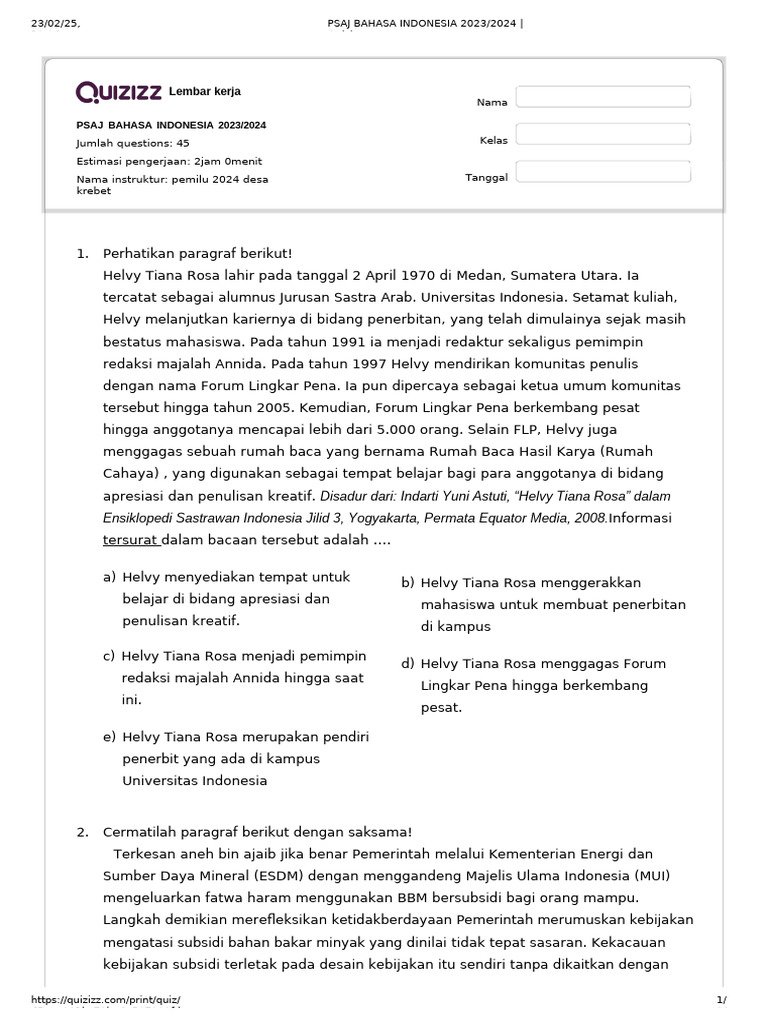 PSAJ BAHASA INDONESIA 2023 - 2024 - Quizizz | PDF