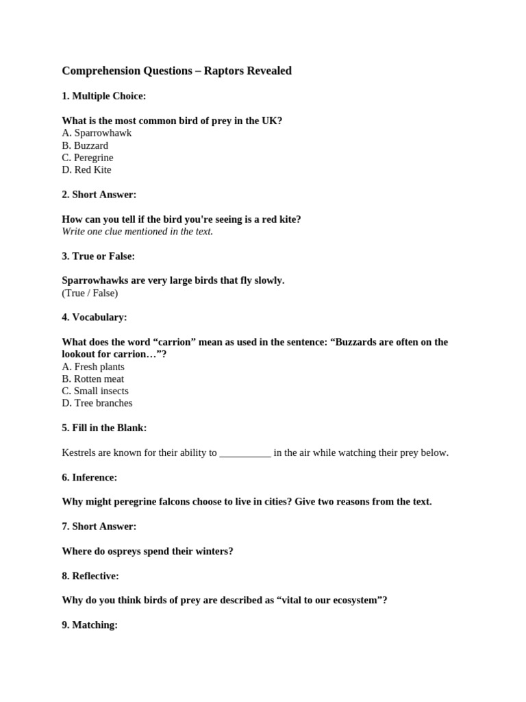 Comprehension Questions | PDF | Birds Of Prey | Bird Migration