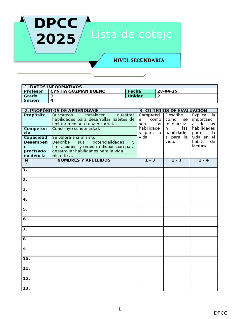 1 Cotejo Sem 1 Uni 2 - DPCC 2025 - 4ºgrado Listo | PDF