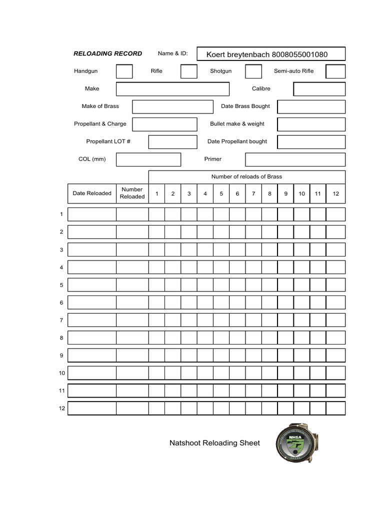 NHSA Reloading Logbook Sheet | PDF