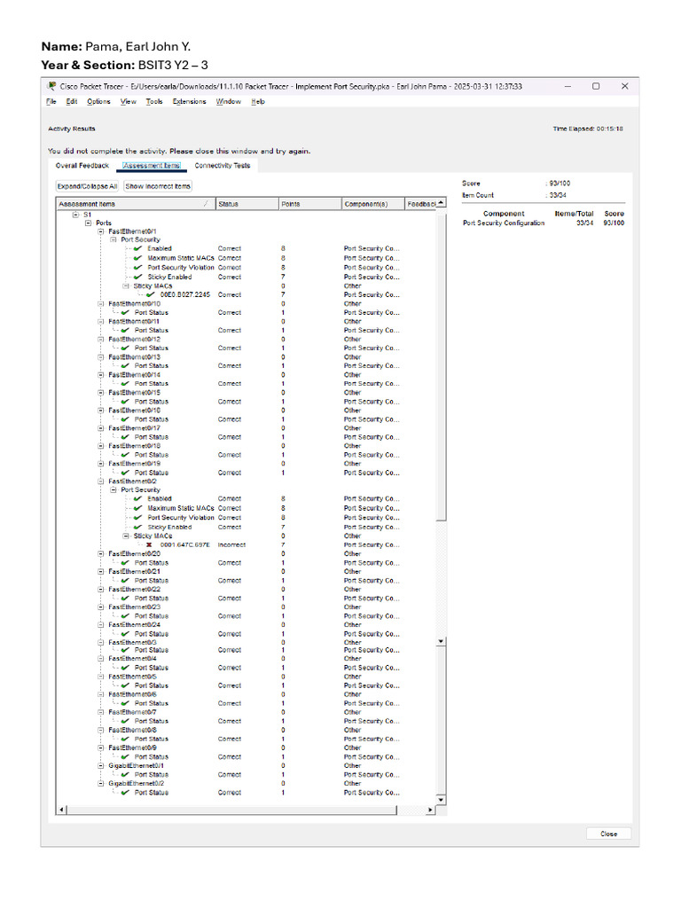 11 1 10 Packet Tracer Implement Port Security Pama Earl John Y Pdf