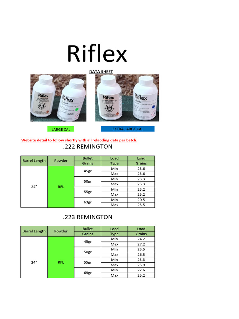 Riflex Reload Data Sheet | PDF | Flight | Projectiles