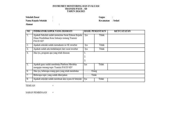 Instrumen Transisi Paud | PDF
