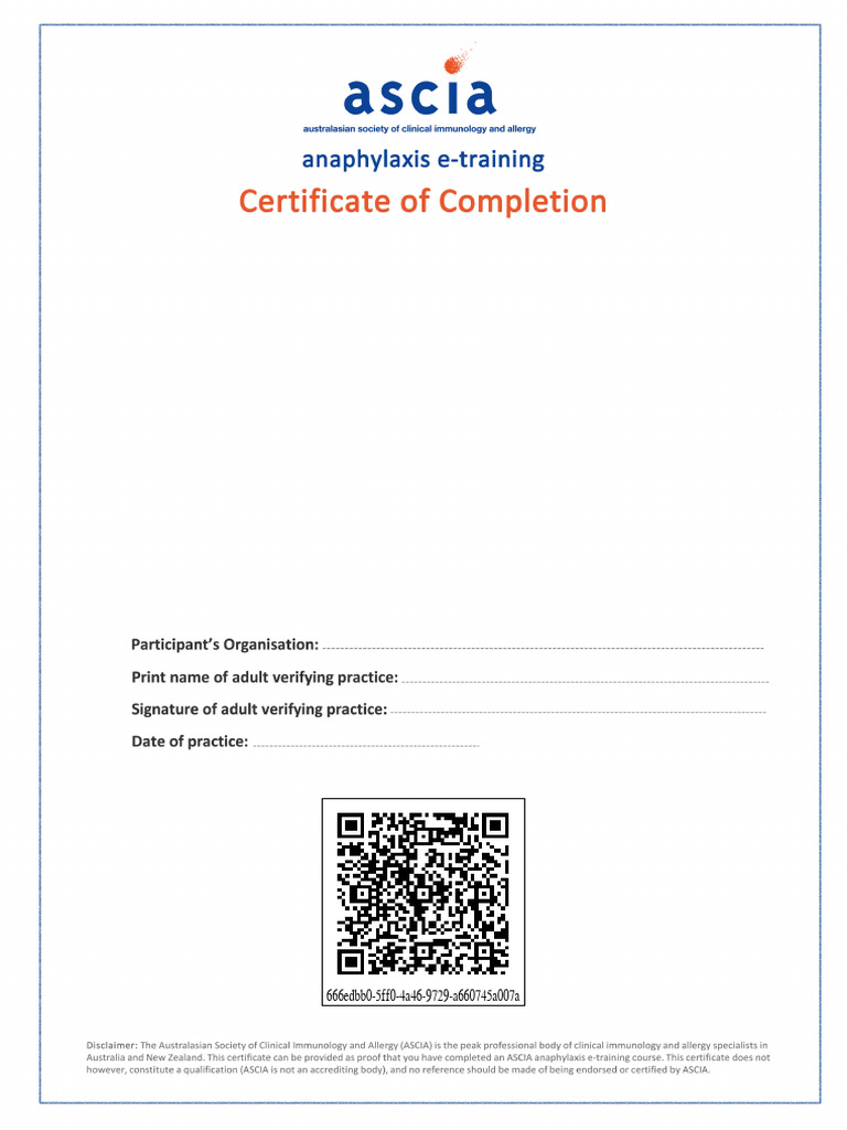 ASCIA Anaphylaxis Etraining For CEC-Certificate of Completion For 100% Assessment Result 241079 ...