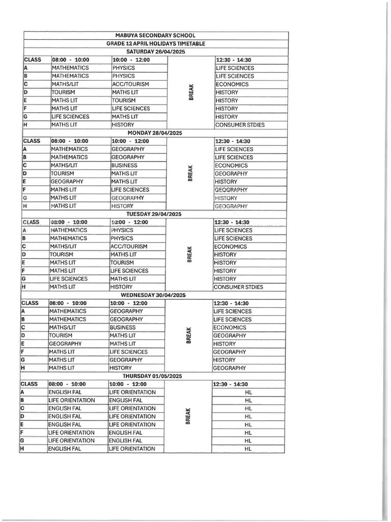 April Holidays Timetable | PDF