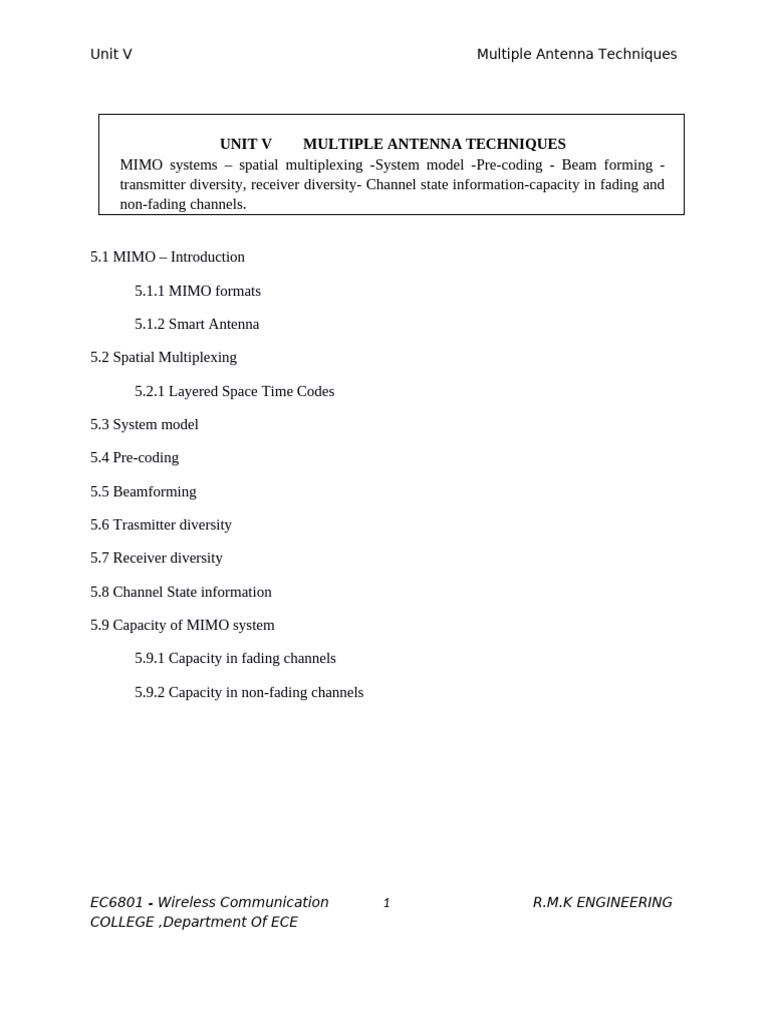 Unit - V - Multiple Antenna Techniques | PDF | Mimo | Telecommunications Engineering