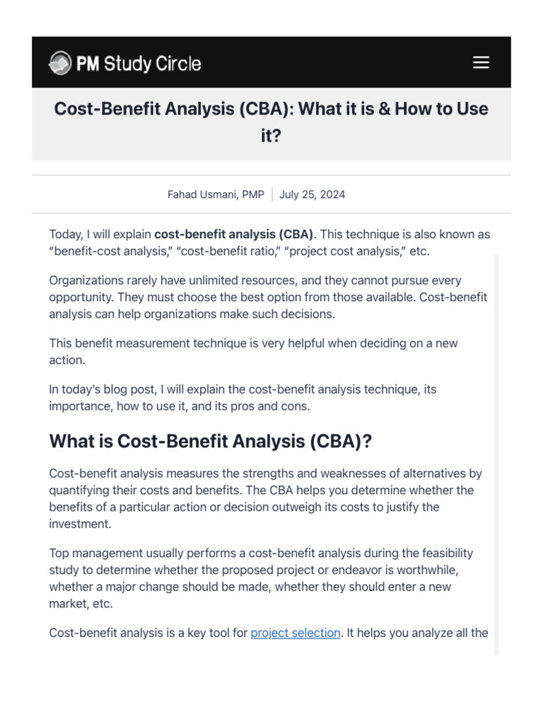 Cost-Benefit Analysis (CBA) - What It Is & How To Use It? - PM Study ...