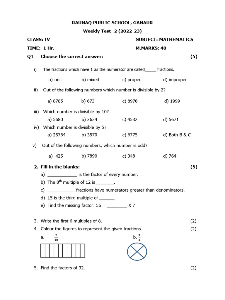 Class IV Mathematics Weekly Test 2 | PDF | Mathematics | Arithmetic