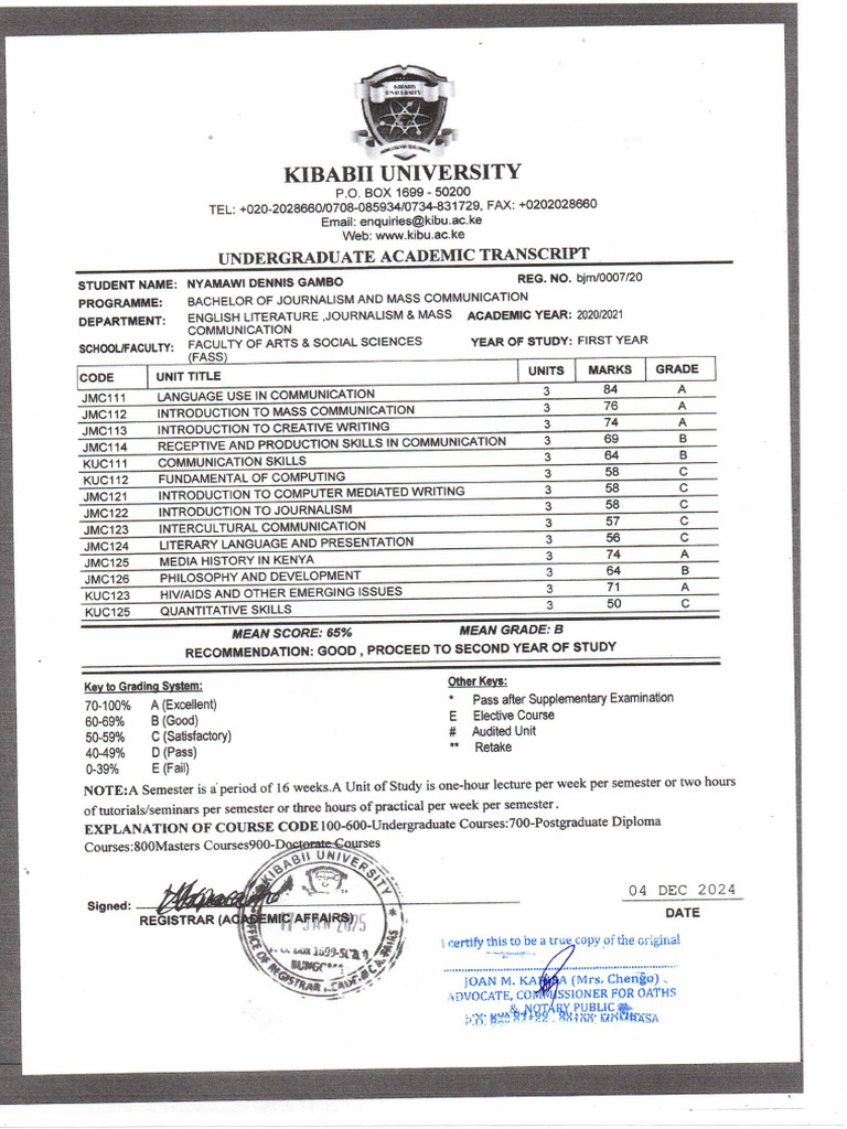 First Year Transcript | PDF