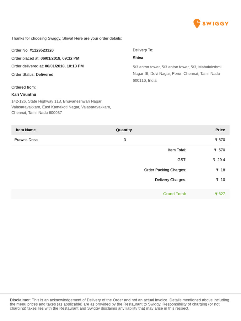 Swiggy Order 1129523320 | PDF | Payments