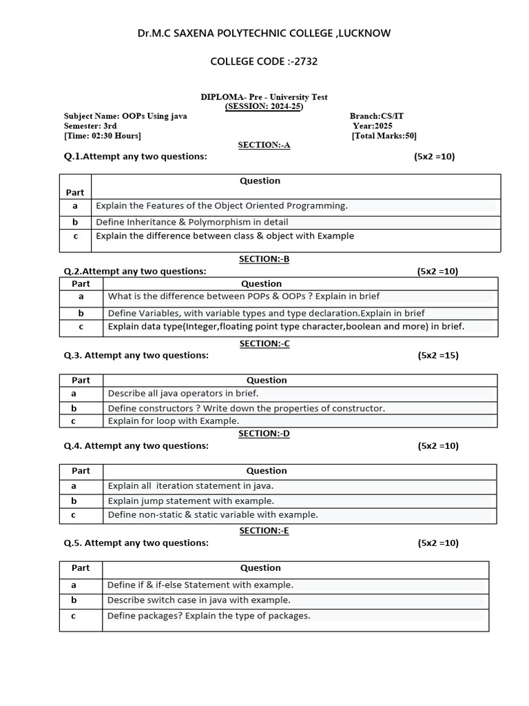 OOPs Java Question Paper 2024 | PDF
