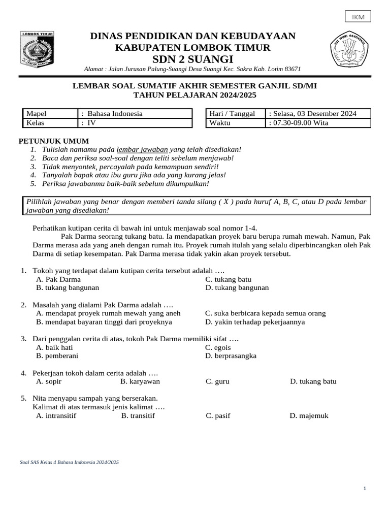 Naskah Soal Bahasa Indonesia Sas Ganjil KLS 4 | PDF
