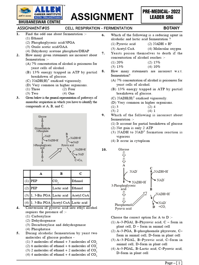 Assignment-5 - Botany - Respiration - Dr. MM Sir | PDF | Cellular ...