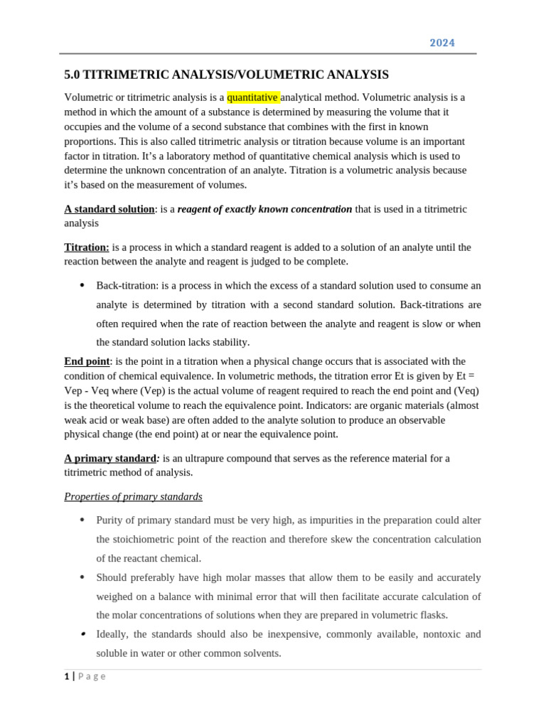 Titrimetry and Crystallization Lecture Notes | PDF | Chemistry | Titration
