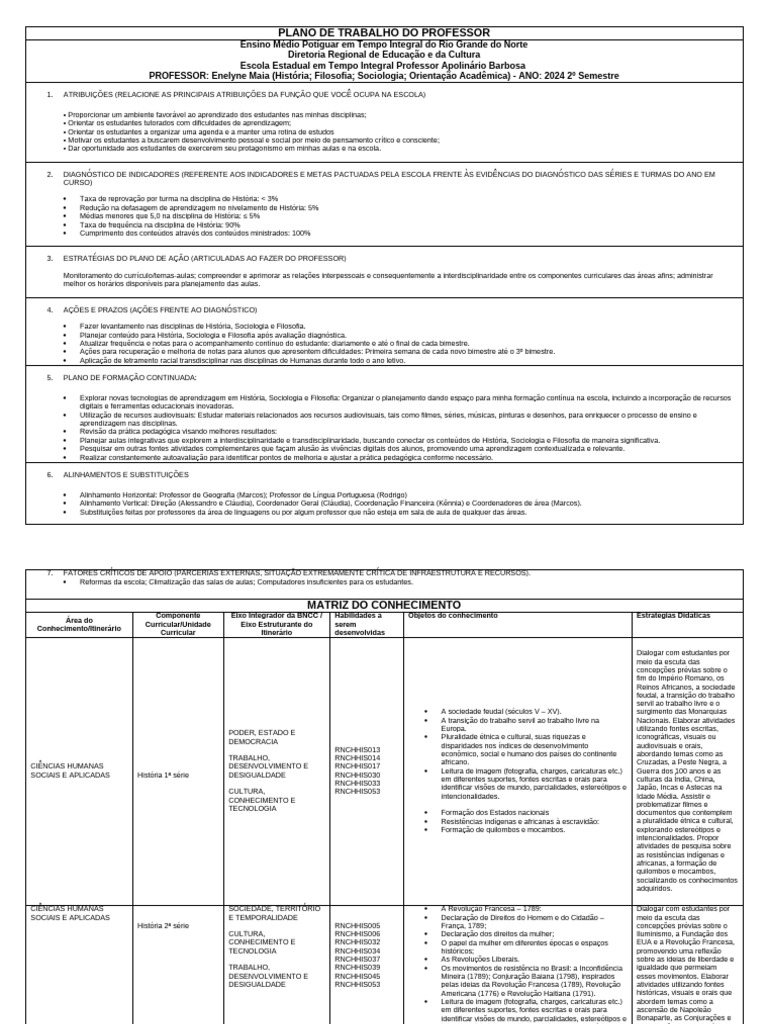 PLANO DE TRABALHO DO PROFESSOR - Enelyne Maia 2 Semestre | PDF ...