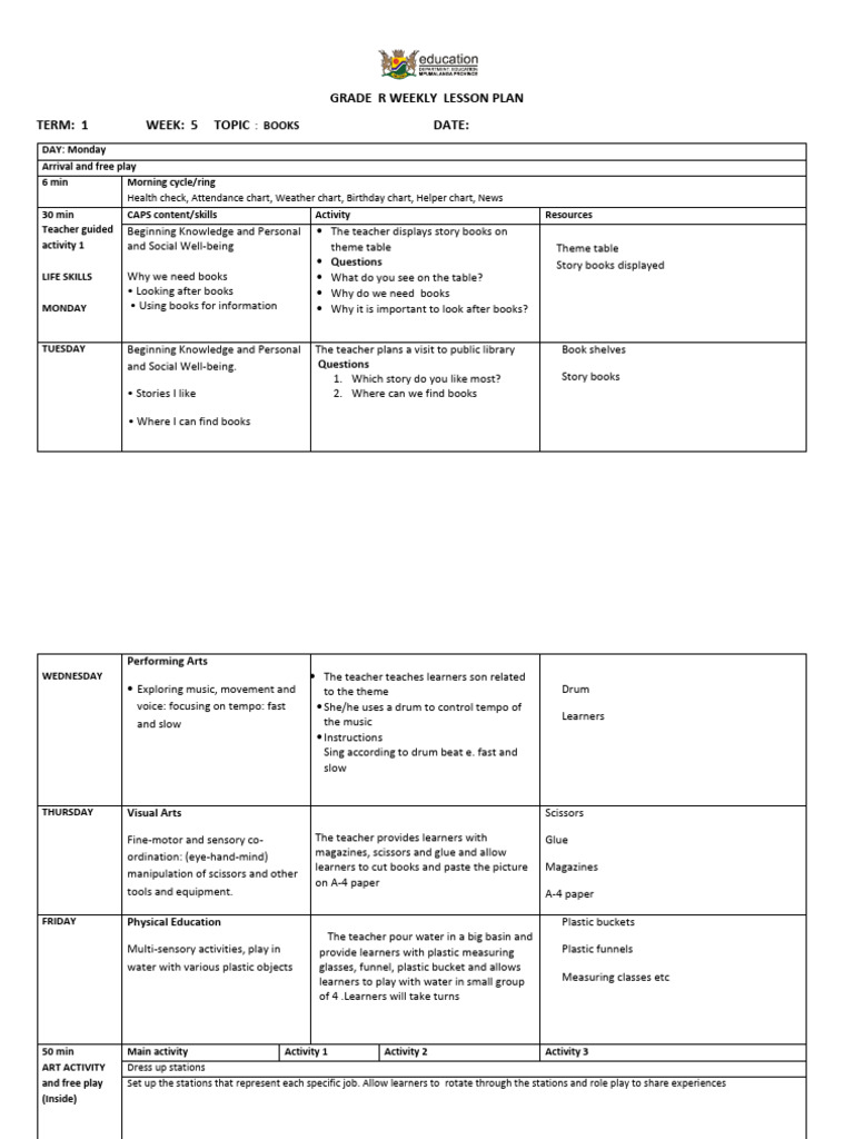 Grade R Weekly Lesson Plan: Books | PDF | Learning | Cognition