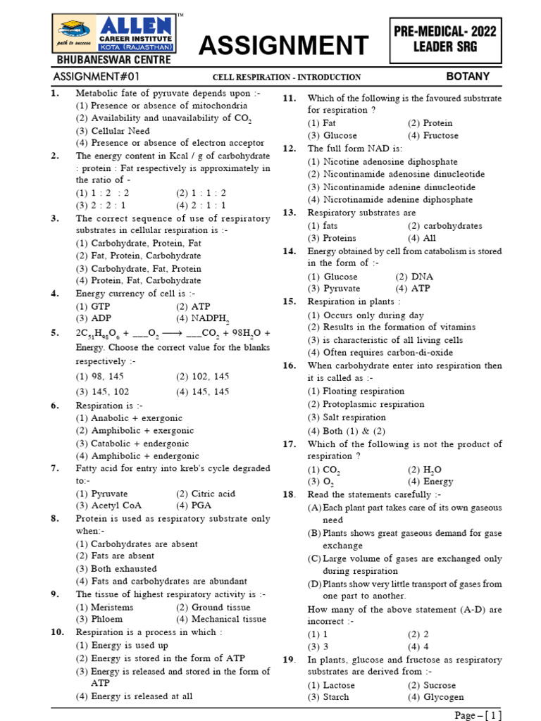 Assignment-1 - Botany - Respiration - Dr. MM Sir | PDF | Cellular Respiration | Adenosine ...