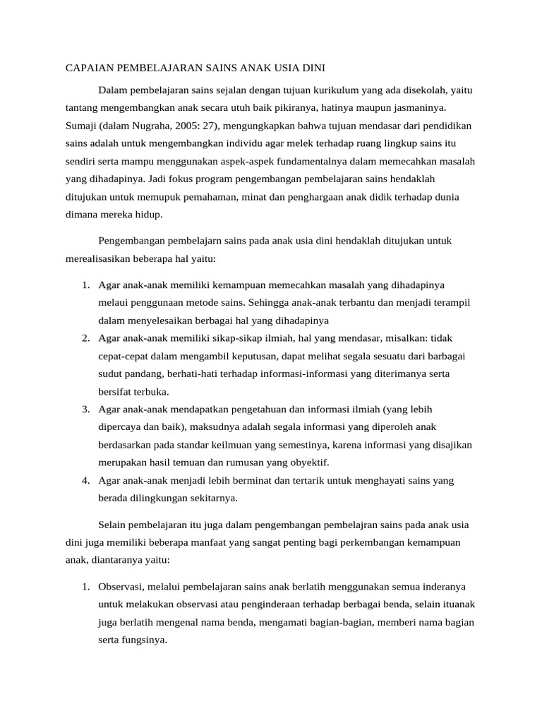 Capaian Pembelajaran Sains Anak Usia Dini | PDF