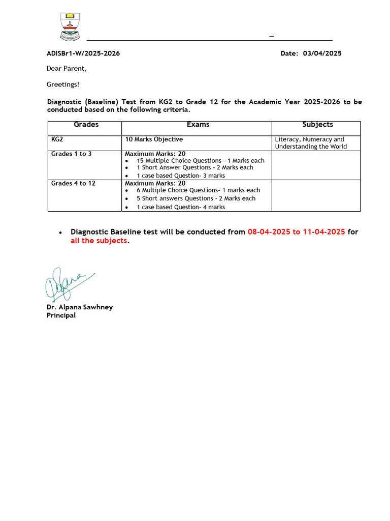 CCE Baseline Test Details 2025-26 | PDF