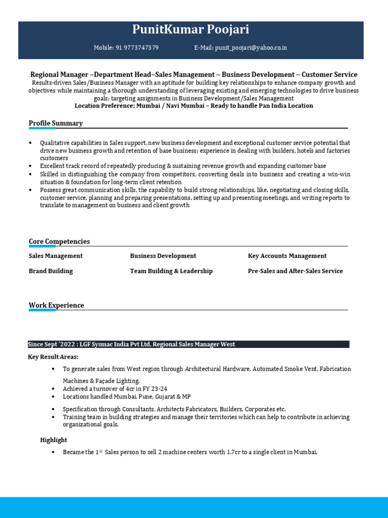 Punit Resume - March 2024 | PDF | Sales | Mumbai