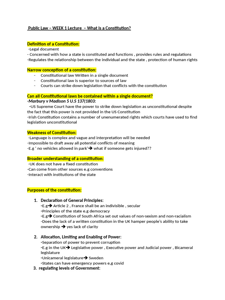 Weekl 1 Lecture Notes - Public Law | PDF | Constitution | Political Law