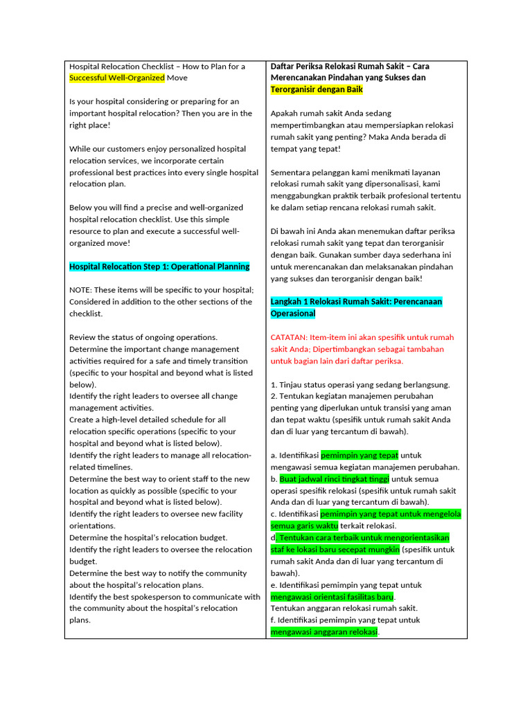 Hospital Relocation Checklist - 060525 | PDF