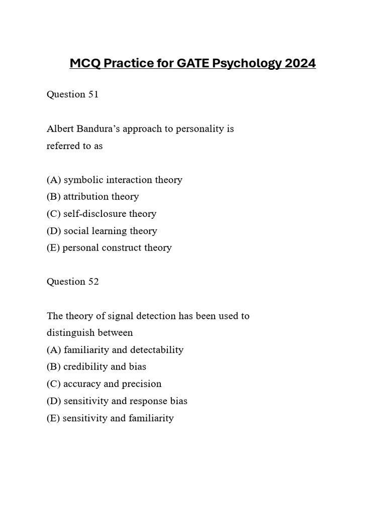 GATE Psychology 2024 MCQ Practice Test | PDF | Mental Disorder ...