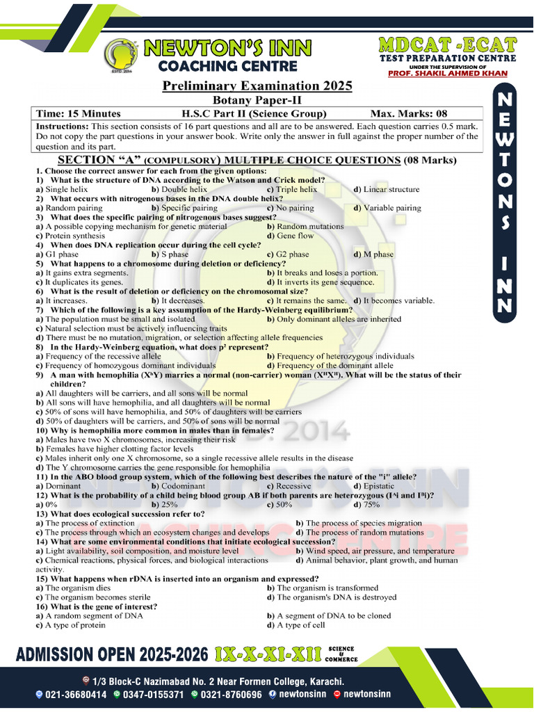 XII Preliminary Exams Papers 2025 (Newton's Inn) | PDF
