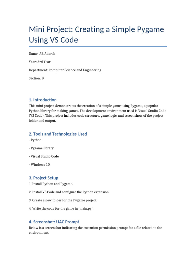 Pygame Mini Project AB Adarsh | PDF