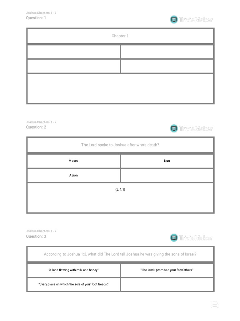 Joshua Chapters 1 - 7 - Answer Key Triviamaker Quiz Creator | PDF ...