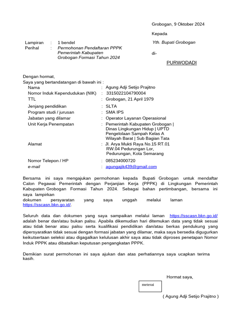 Pengumuman Seleksi PPPK Pemkab Grobogan Formasi Tahun 2024 | PDF