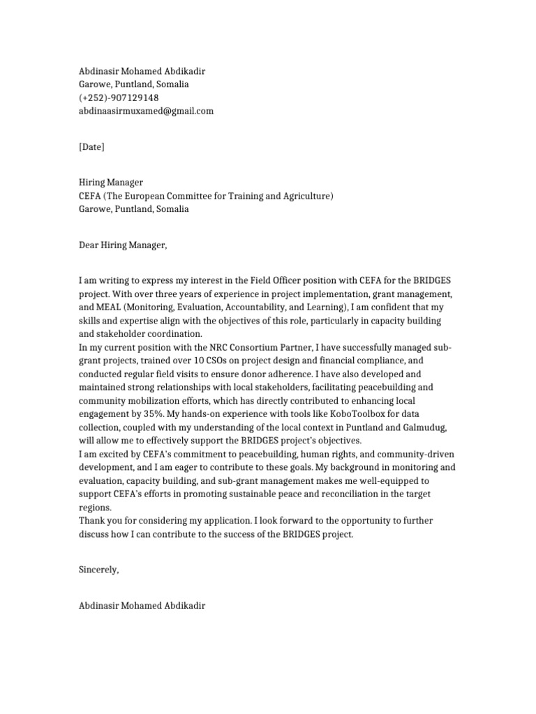 Abdinasir Field Officer Cover Letter | PDF