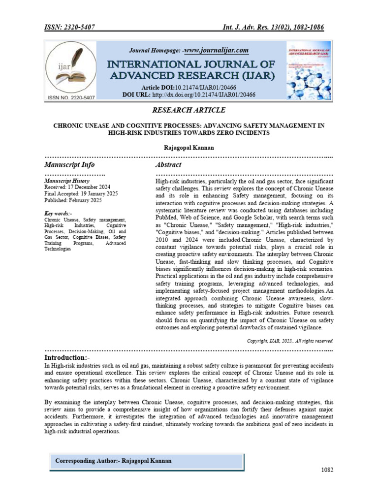 Chronic Unease and Cognitive Processes: Advancing Safety Management in ...