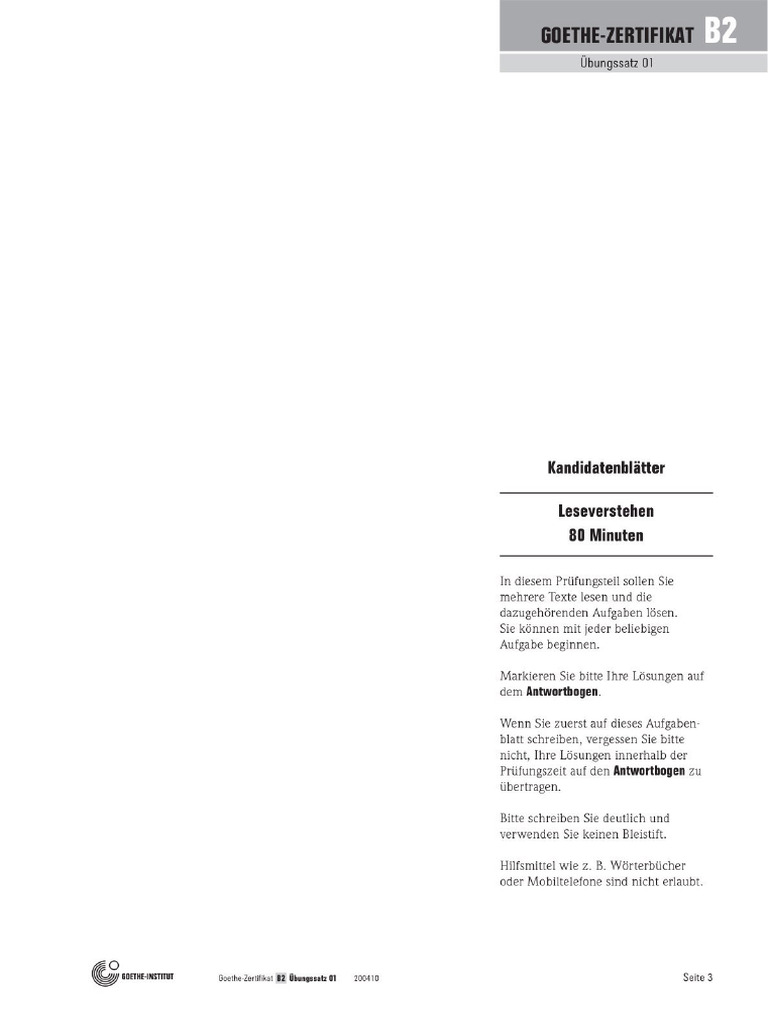 Deutsch Uebung Test b2 4 Goethe Zertifikat Pruefung | PDF