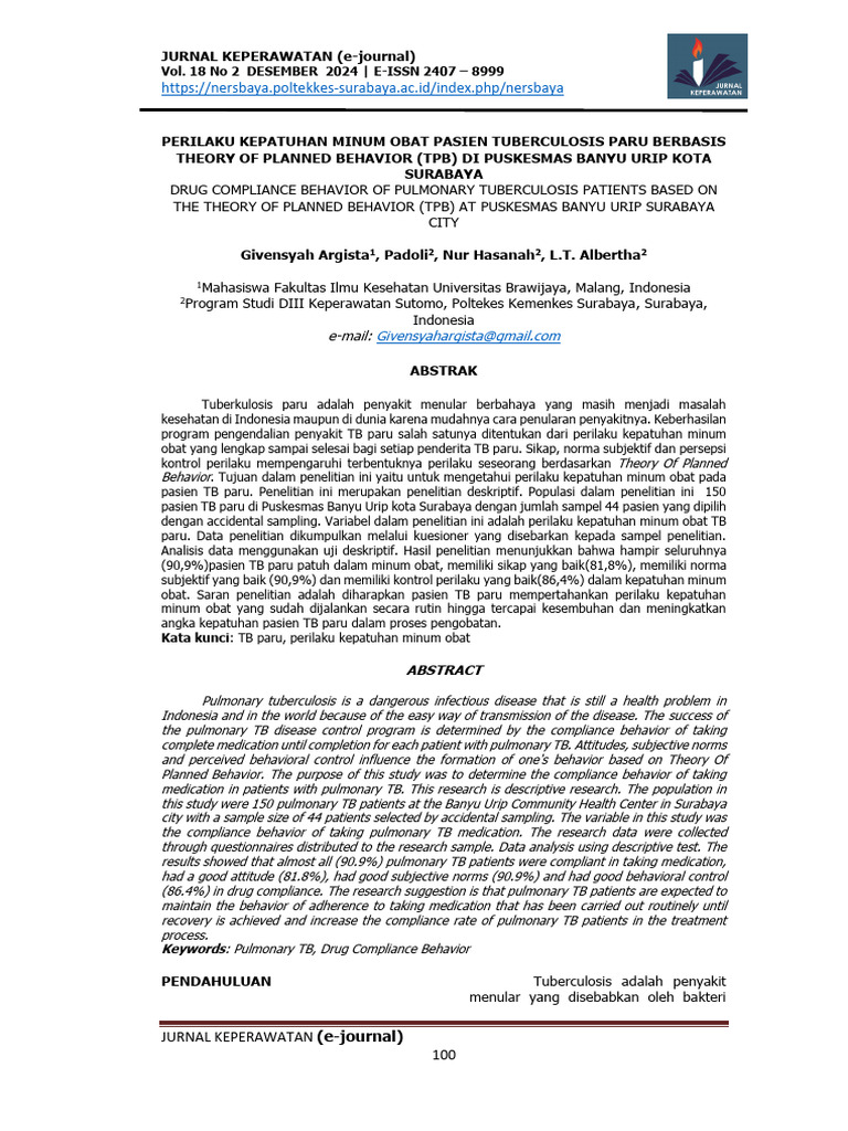 Perilaku Kepatuhan Minum Obat Pasien Tuberculosis Paru Berbasis Theory of Planned Behavior (TPB ...