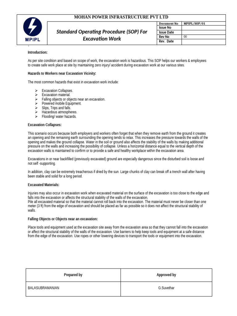 Excavation Safety SOP for MPIPL | PDF | Earth | Hazards