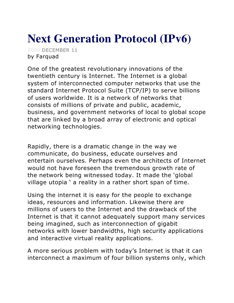 Next Generation Protocol (Ipv6) : by Farquad | PDF | I Pv6 | Internet