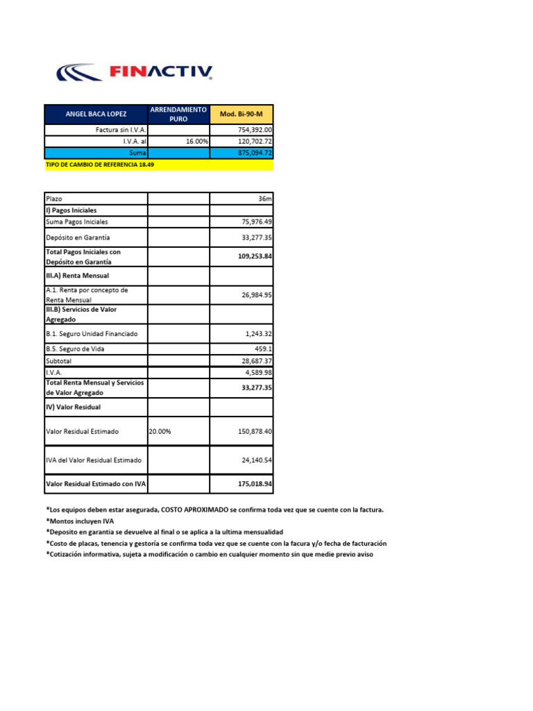 Cotizador Resumen AP Angel Baca Maq Bi 90 $875 18042023 | PDF