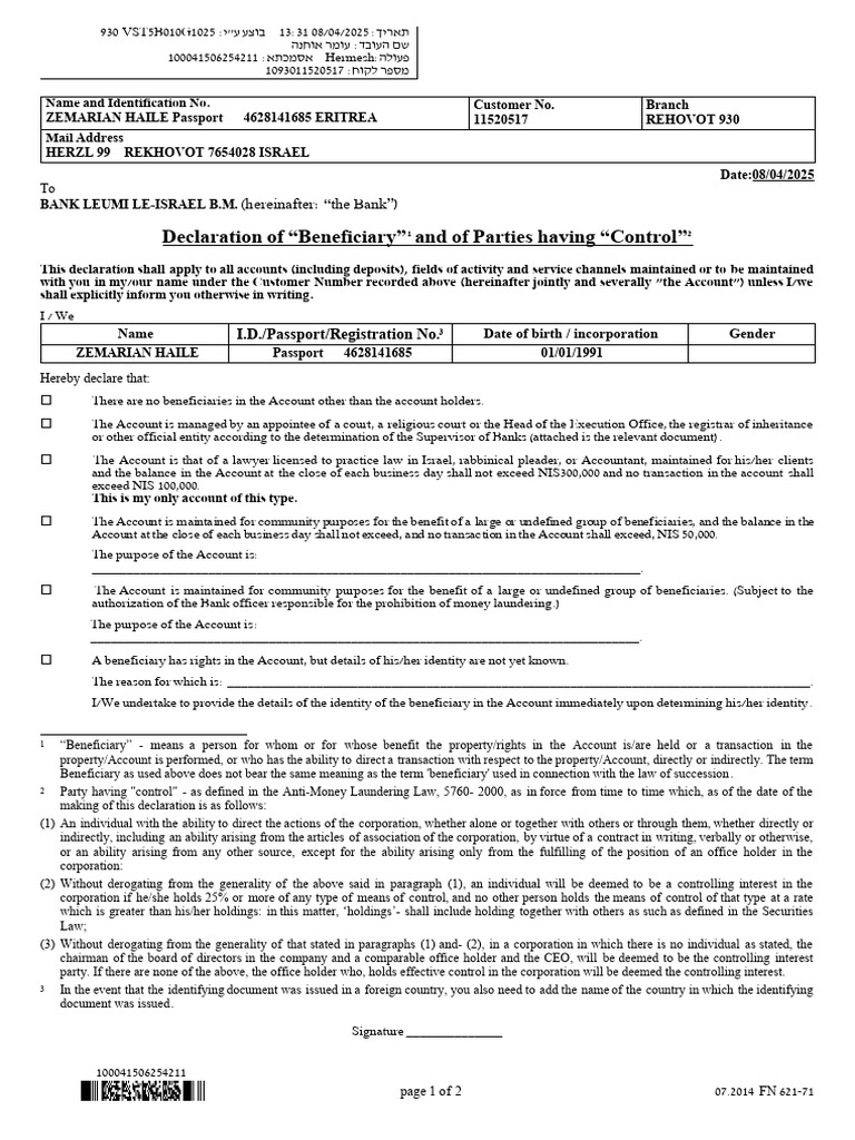 Declaration of "Beneficiary" and of Parties Having "Control" | PDF | Identity Document | Banks