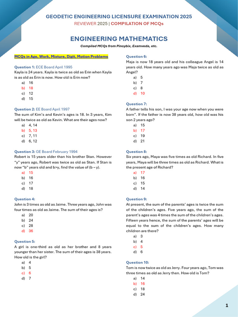 Mathematics MCQs (Pinoybix, Examveda) | PDF