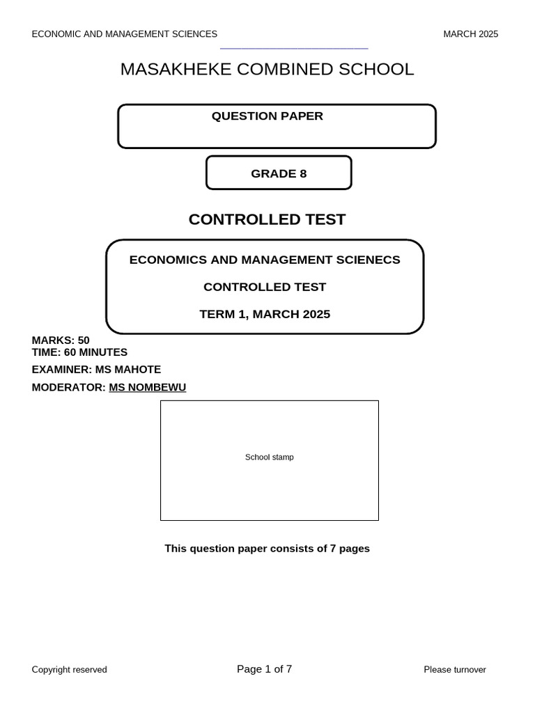 Ems Grade 8 Term 1 Controlled Test Question JTG 2024-1 | PDF | Banks ...