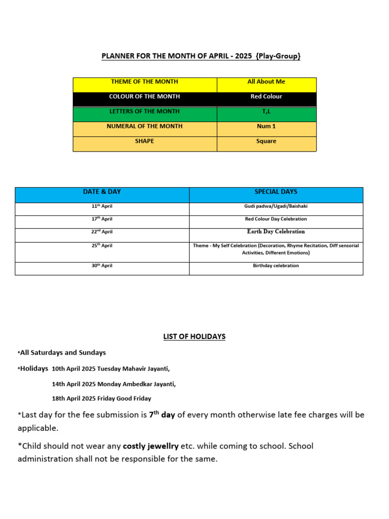 PlayGroup April'25 Planner | PDF