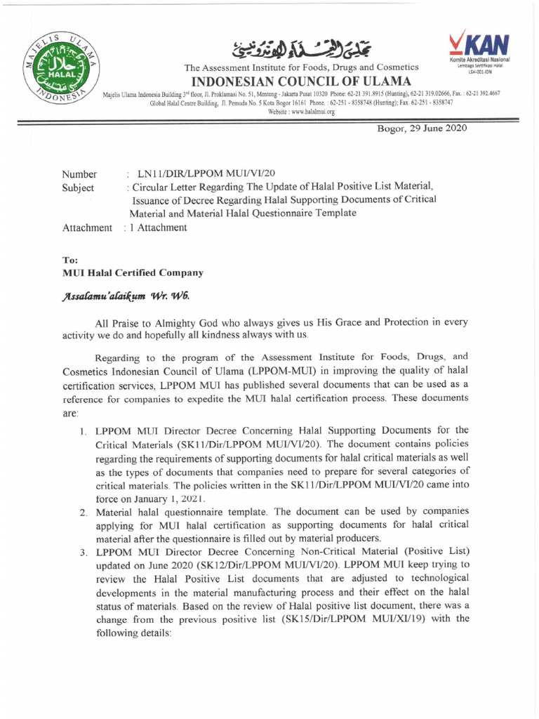 Circular Letter Upgrade Halal Positive Materials | PDF | Acid | Sodium