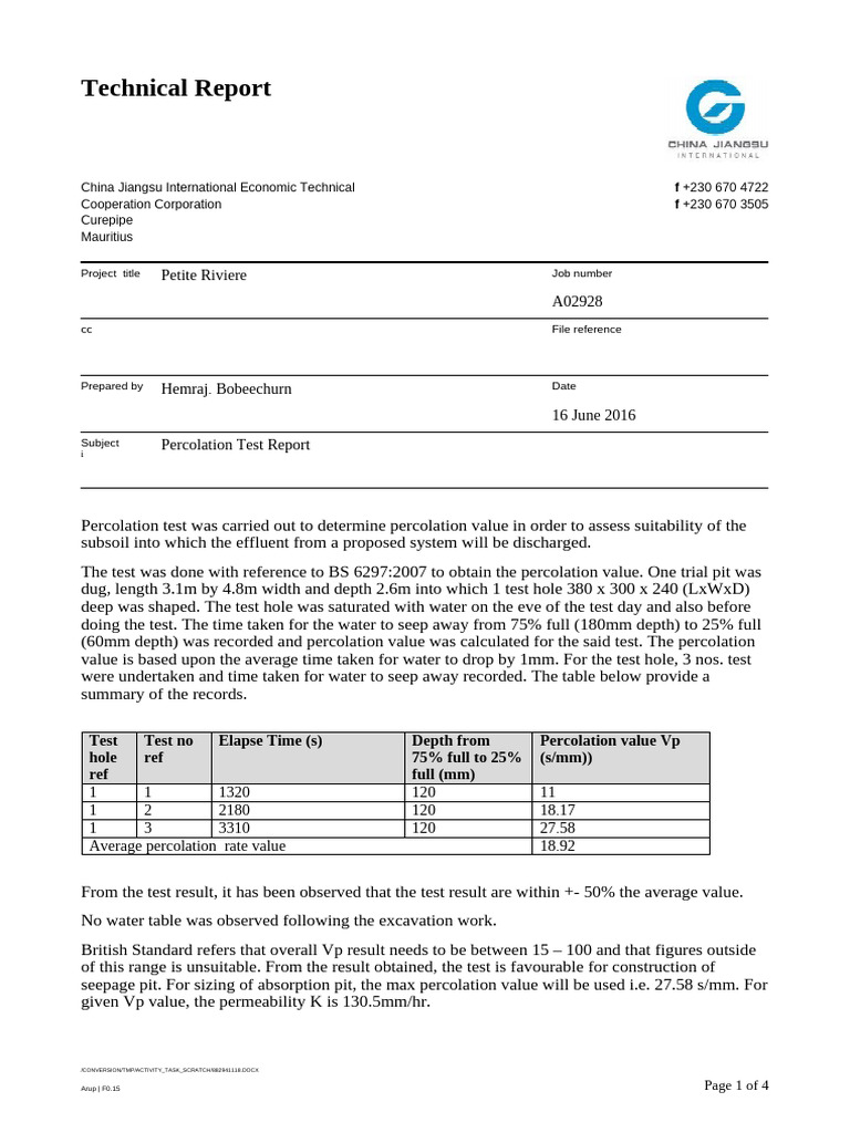 Percolation Test Report - CJI -2016-06-16 | PDF | Soil Science | Soil