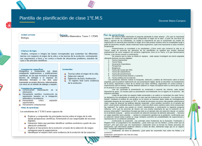 Plantilla de planificación de clase 2023 del 5 al 23 de mayo. | PDF | Evolución | Abiogénesis