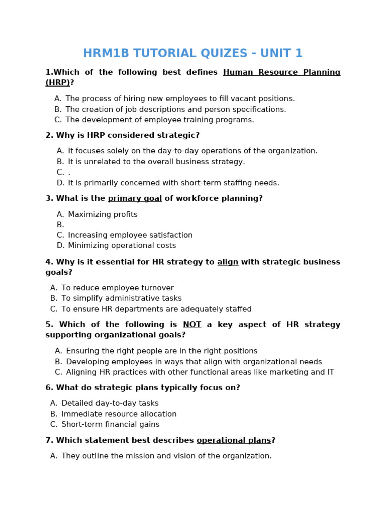 HRM1B Tutorial Quiz Unit 1 | PDF | Human Resource Management | Human ...