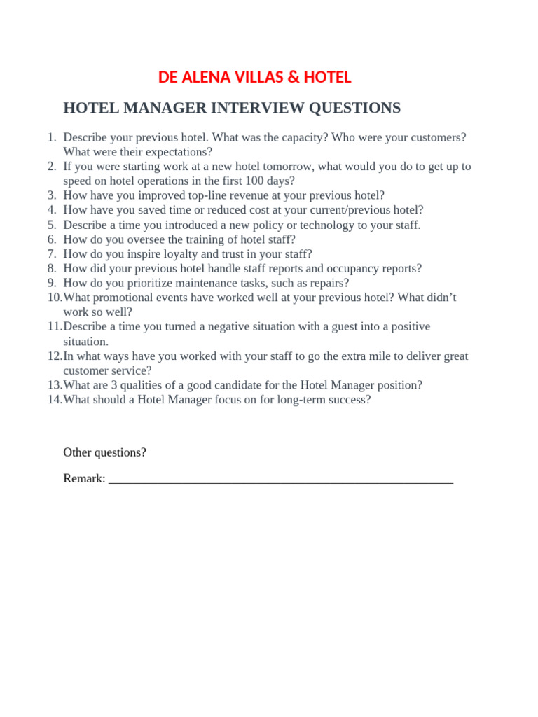 Hotel Manager Interview Questions Utali | PDF